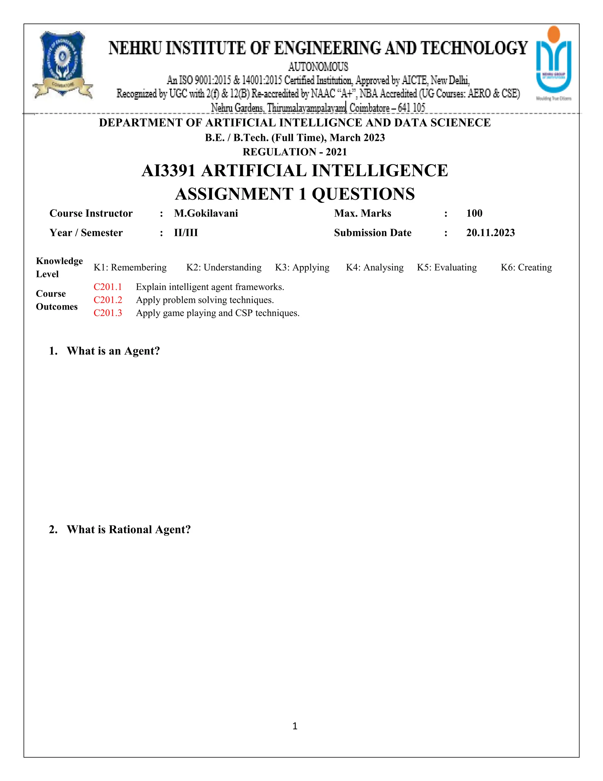 AI3391 ARTIFICIAL INTELLIGENCE Assignment 1 questions.pdf