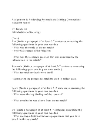 Assignment 1 Reviewing Research and Making Connections (Student.docx