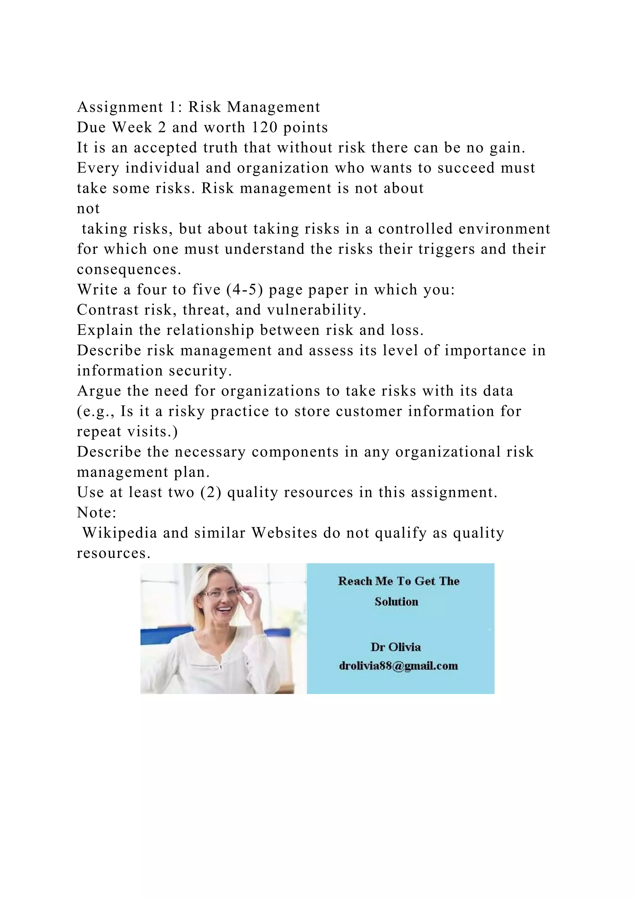 Assignment 1 Risk ManagementDue Week 2 and worth 120 pointsIt i.docx