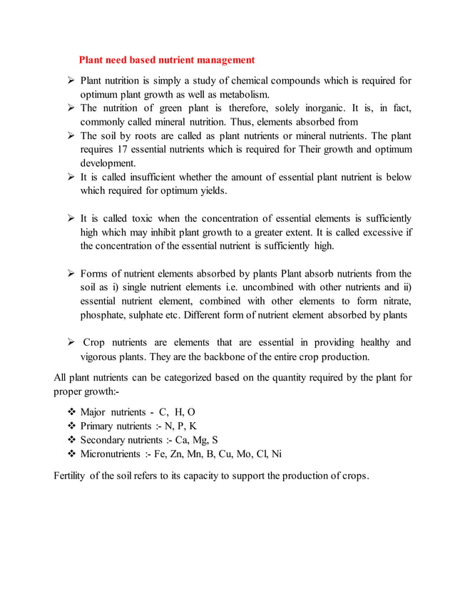 Plant need based nutrient management and fertilizer recommendation | DOCX | Agriculture | Industries