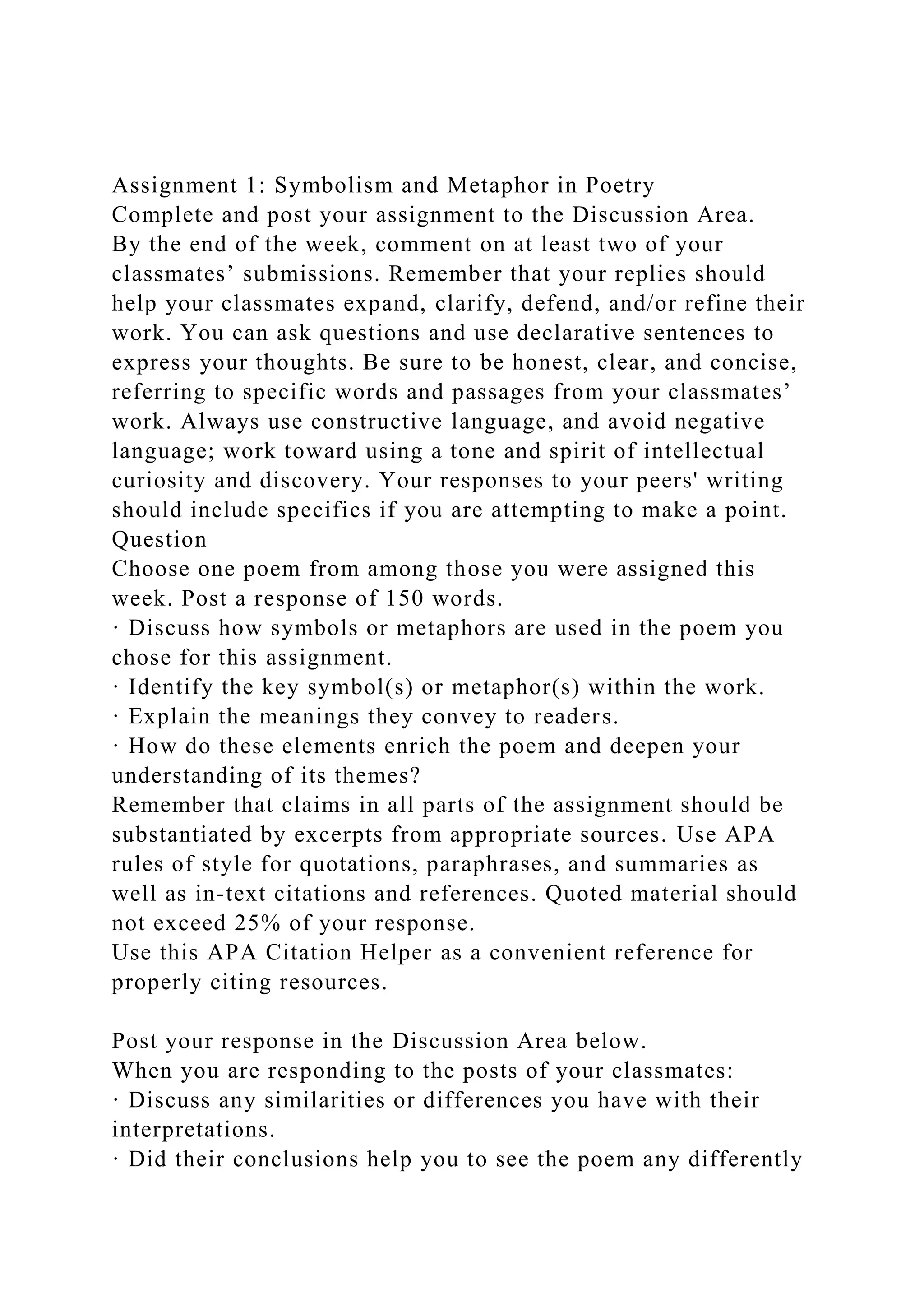 Assignment 1 Symbolism and Metaphor in PoetryComplete and post .docx