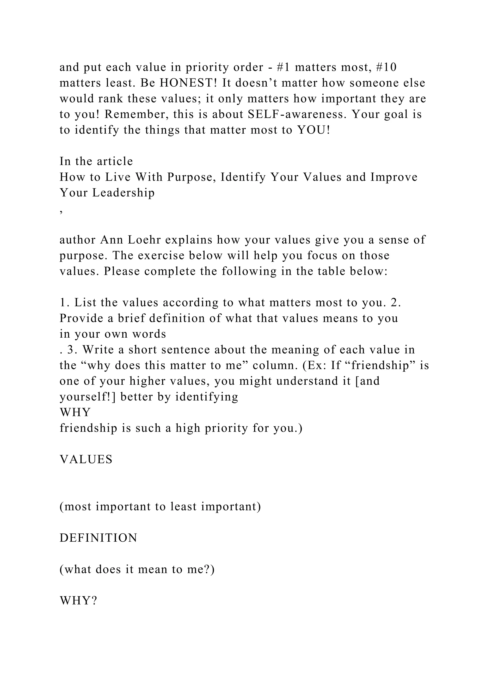 Assignment 1 Understanding Your ValuesDue week 3 and worth 1.docx