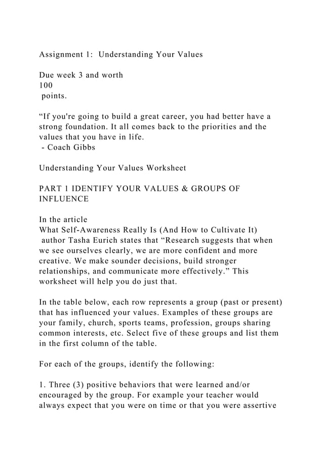 Assignment 1 Understanding Your ValuesDue week 3 and worth 1.docx ...