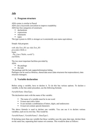 Evaluation and analysis of ALGOL, PASCAL and ADA | PDF