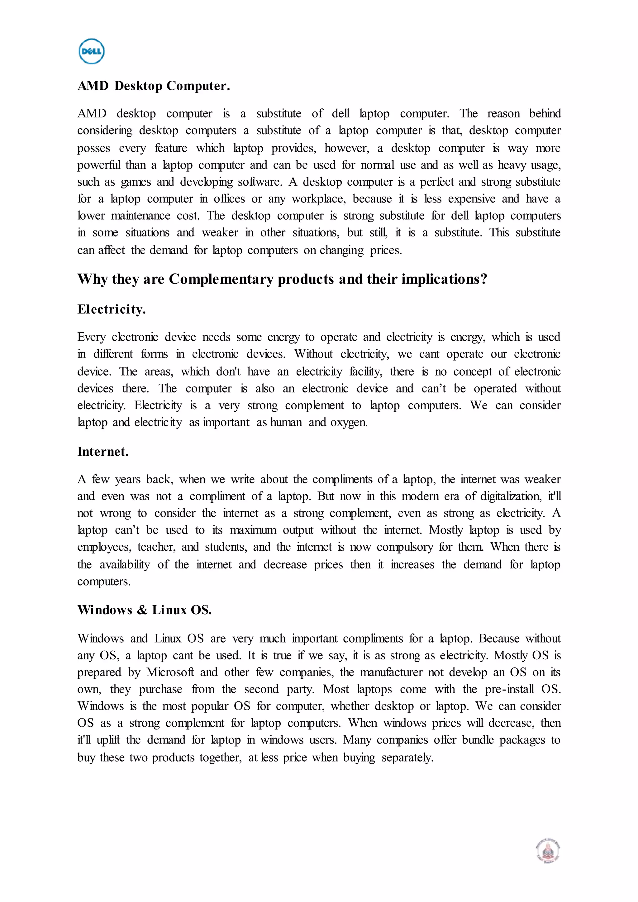 Substitutes and complementary Products for Dell Laptop Computer | DOCX