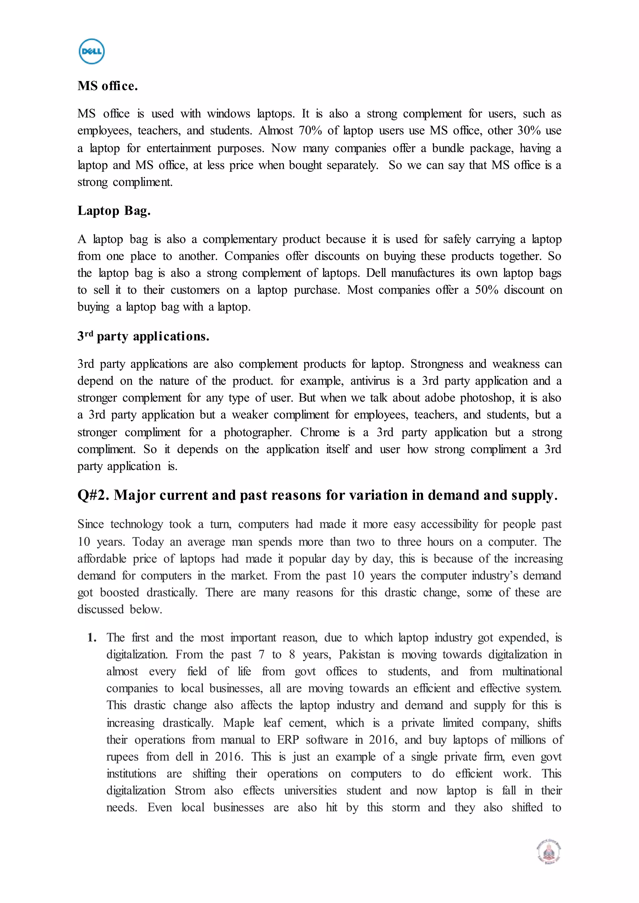 Substitutes and complementary Products for Dell Laptop Computer | DOCX