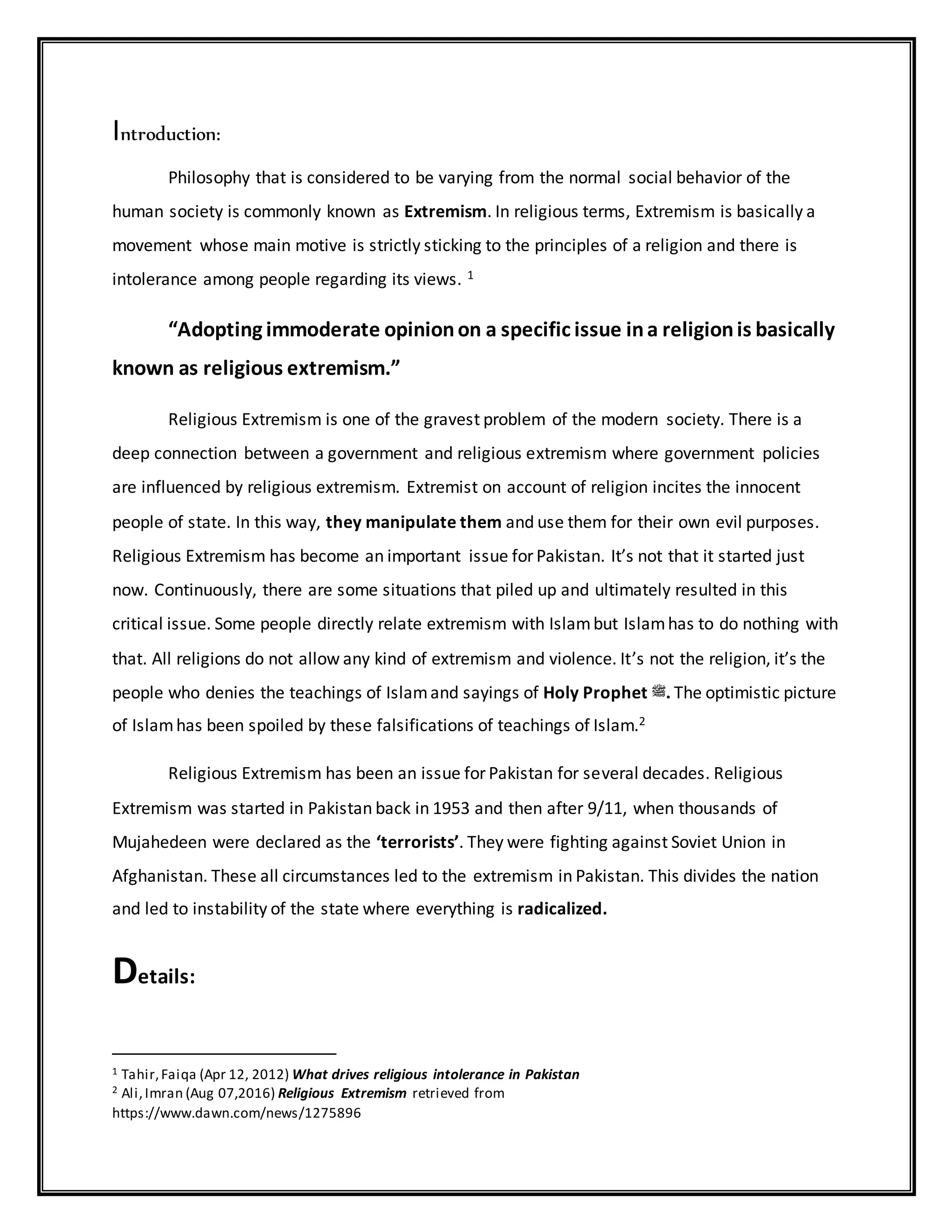 Religious Extremism in Pakistan: Causes and Solutions | DOCX