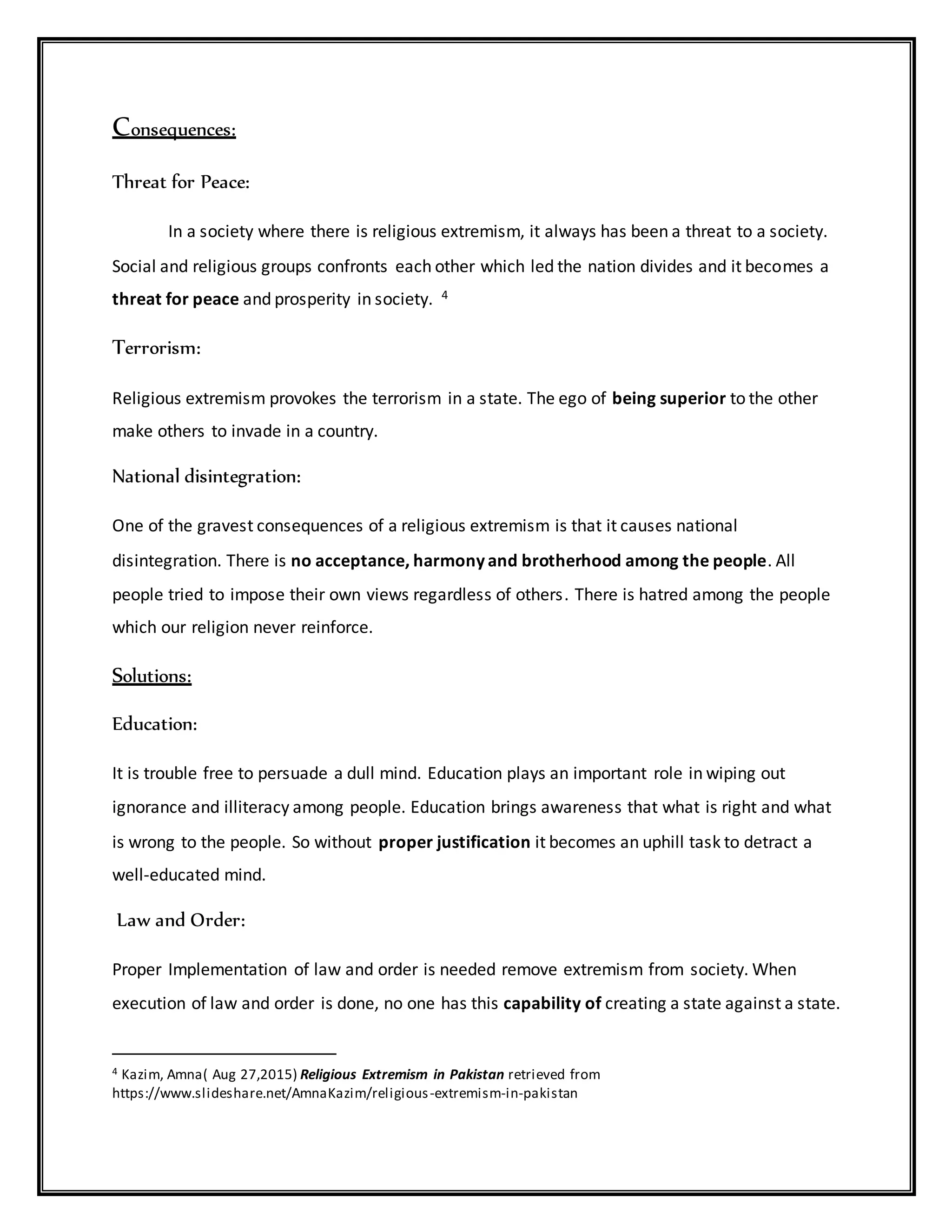 Religious Extremism in Pakistan: Causes and Solutions | DOCX