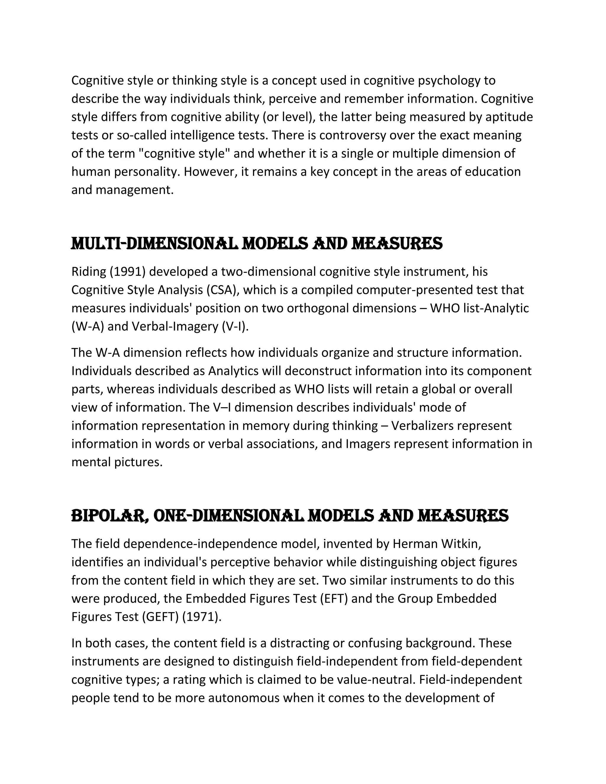 Intelligence, Cognitive Styles, Methods of control | PDF