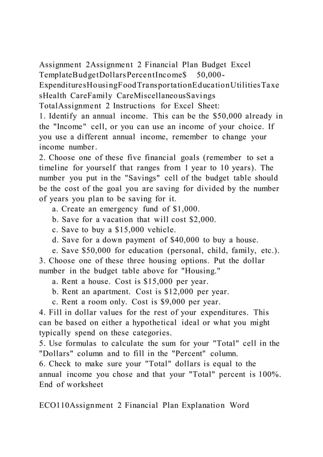 Assignment 2 assignment 2 financial plan budget excel templatebudge ...