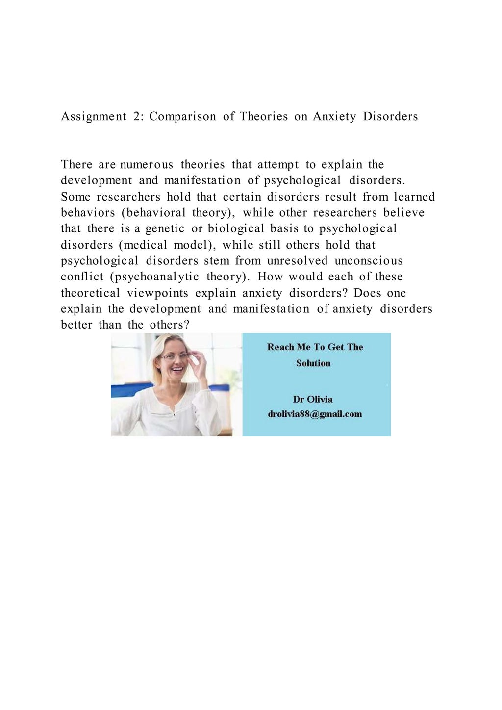 Assignment 2 Comparison of Theories on Anxiety DisordersT | DOCX