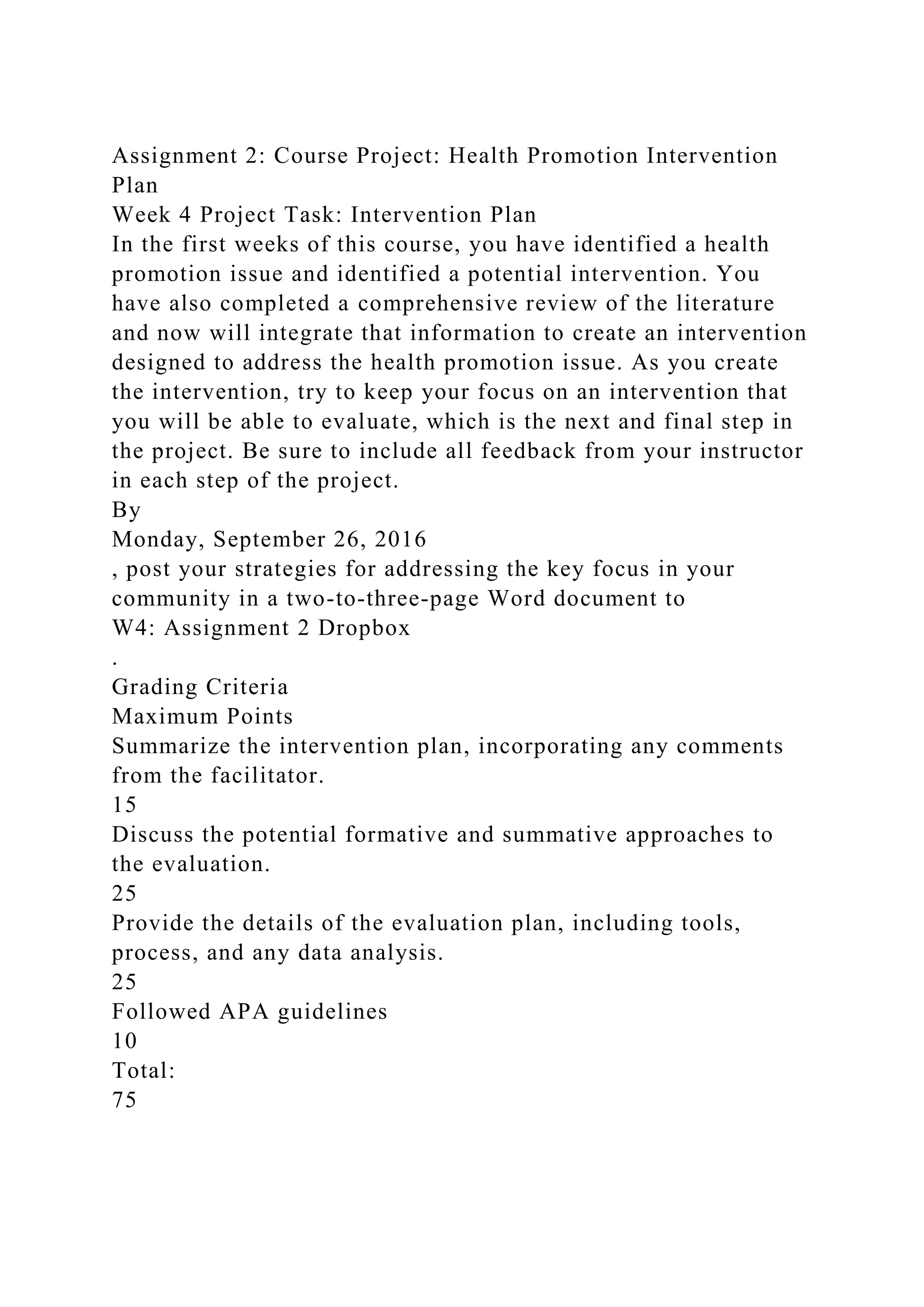 Assignment 2 Course Project Health Promotion Intervention PlanWe.docx