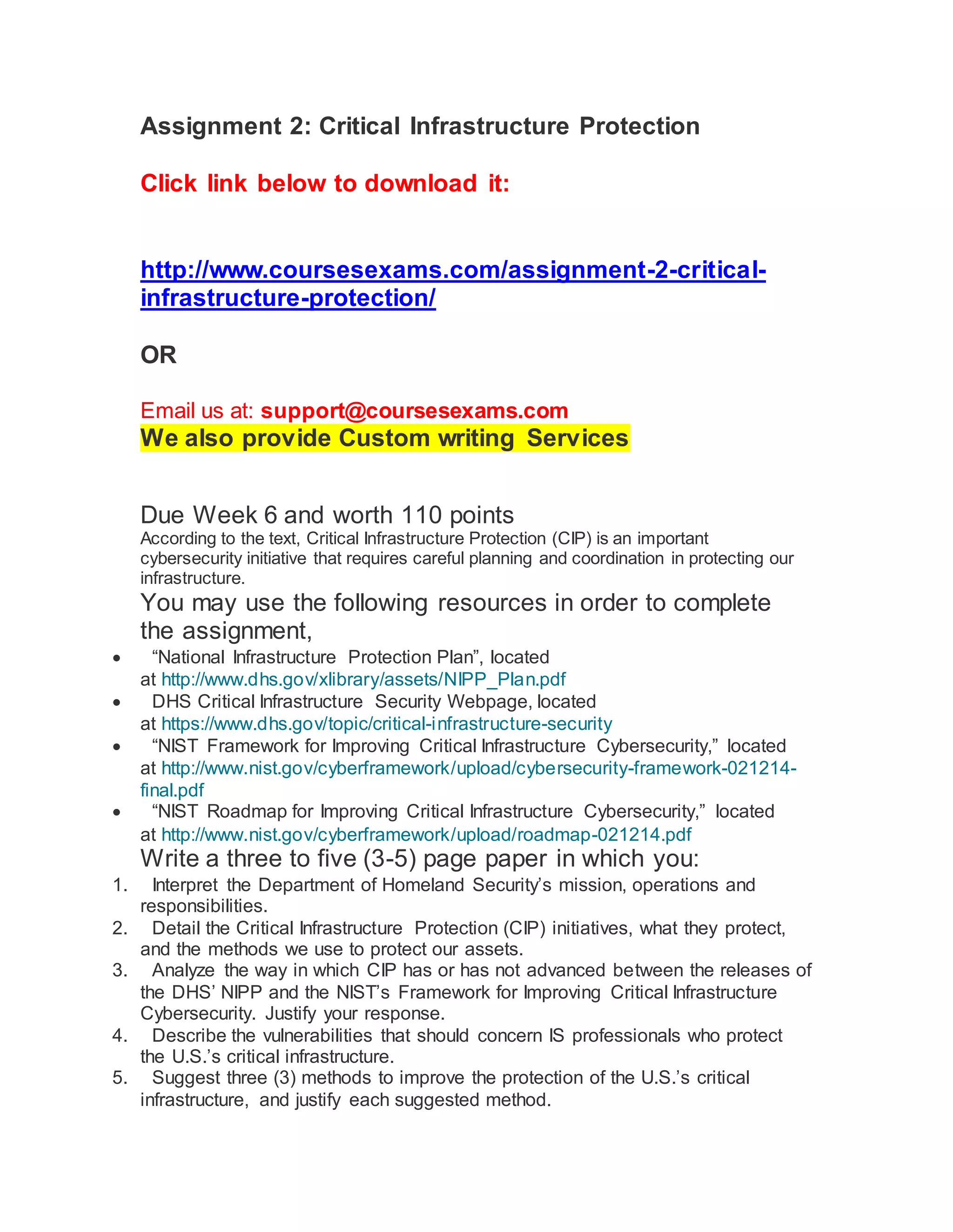 Assignment 2 critical infrastructure protection | DOCX