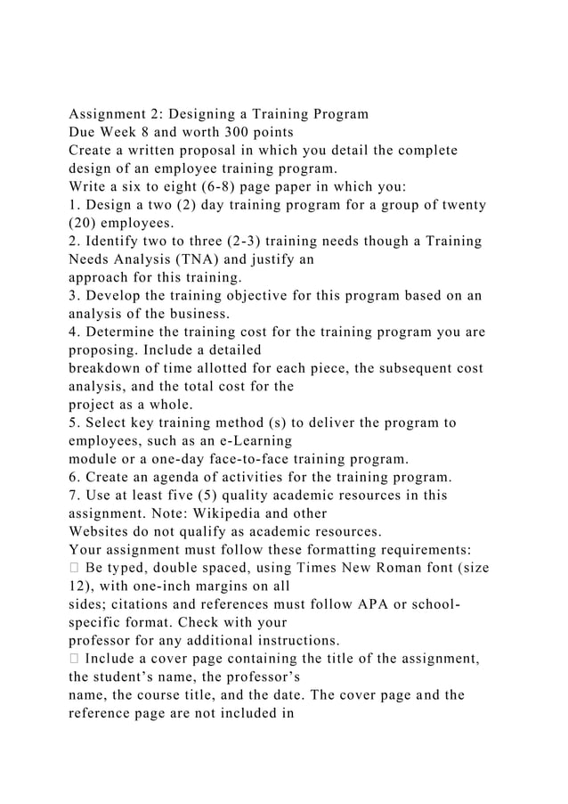 Assignment 2 Designing a Training ProgramDue Week 8 and worth 3.docx | Educational Assessment ...
