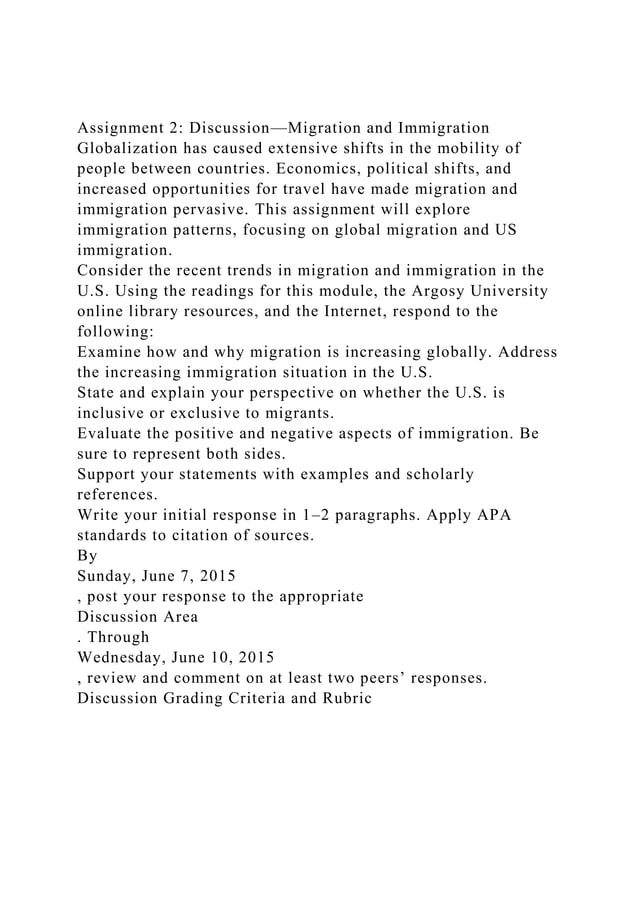 Assignment 2 Discussion—Migration and ImmigrationGlobalization .docx