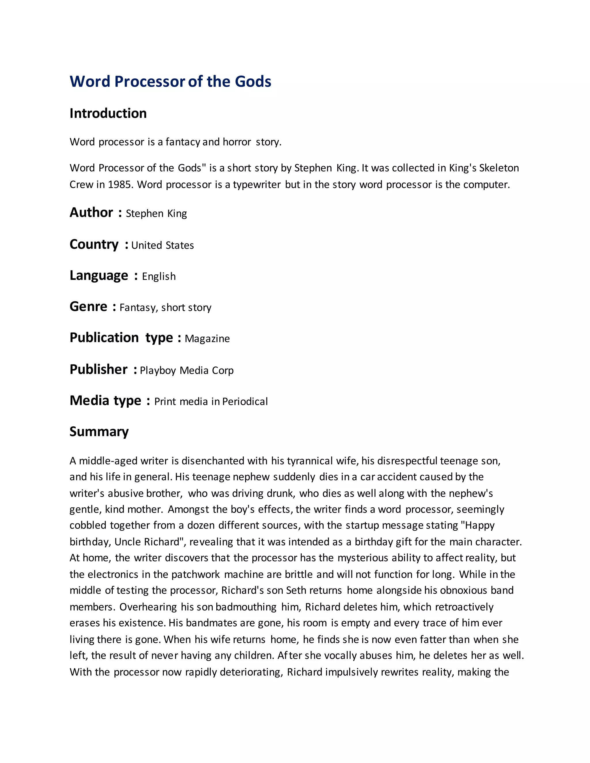 Word processor of the God by Stephen King Goliath by Neil Gaiman | DOCX ...