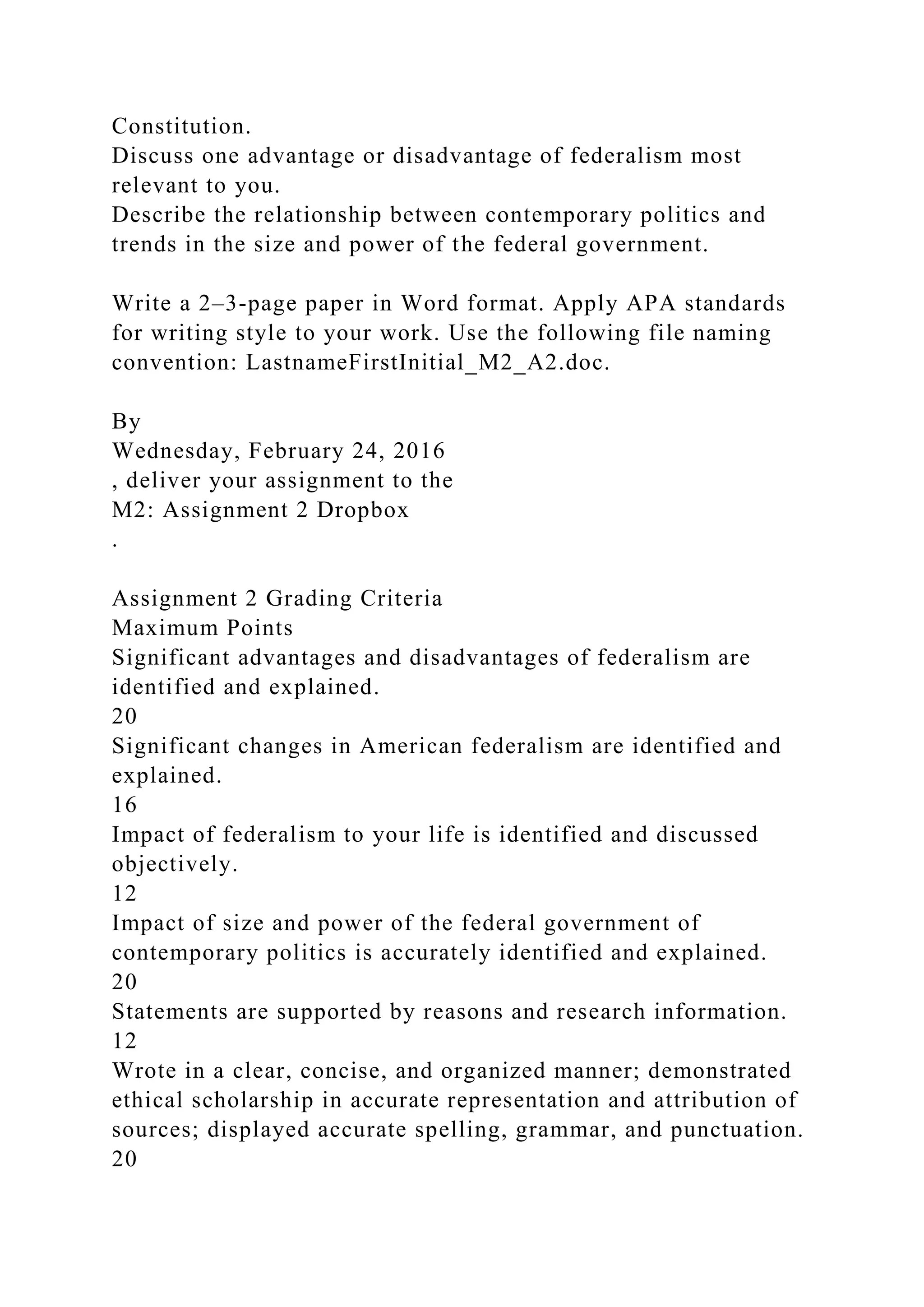 Assignment 2 FederalismThe system of federalism was institute.docx