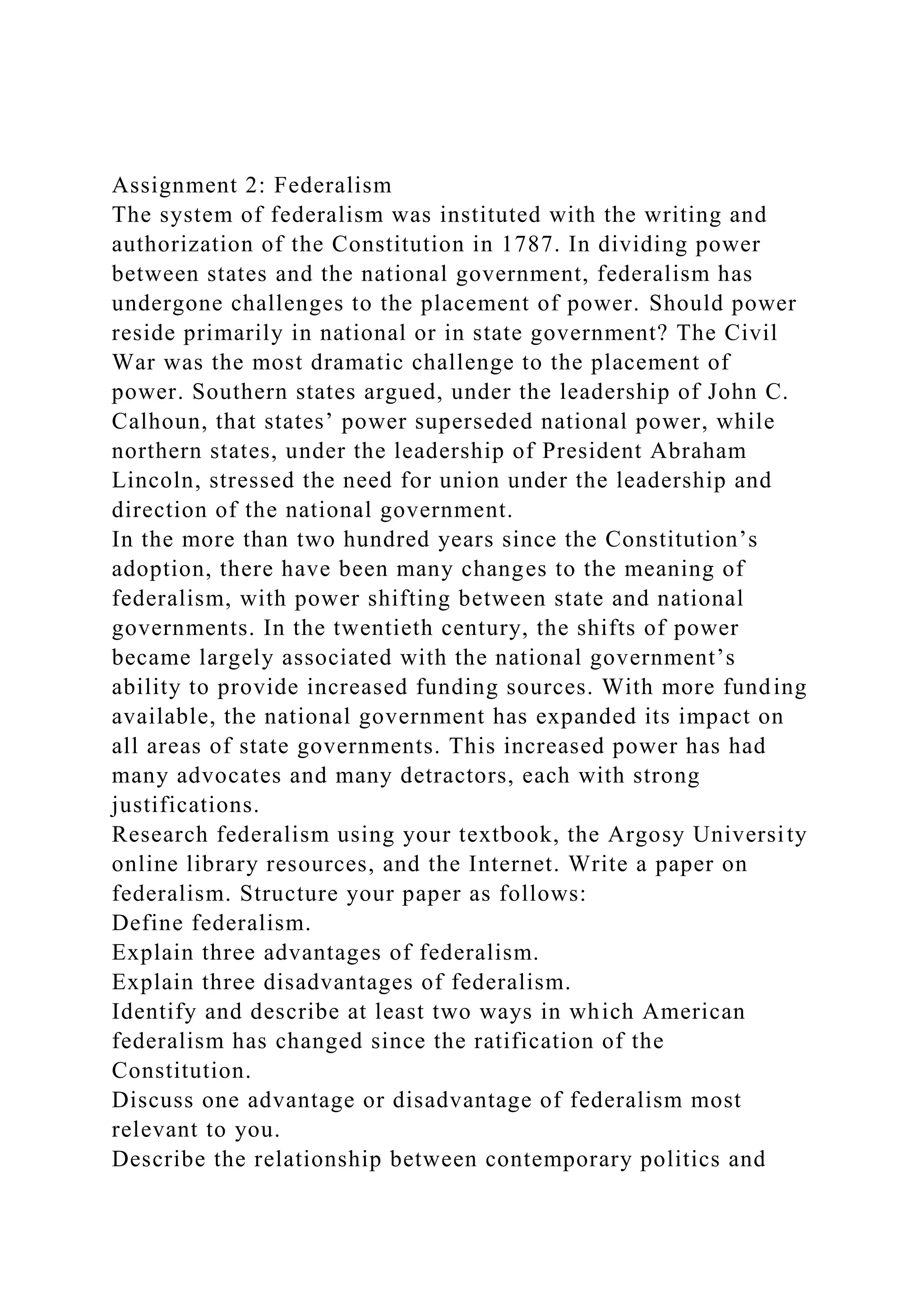 Assignment 2 FederalismThe system of federalism was instituted .docx