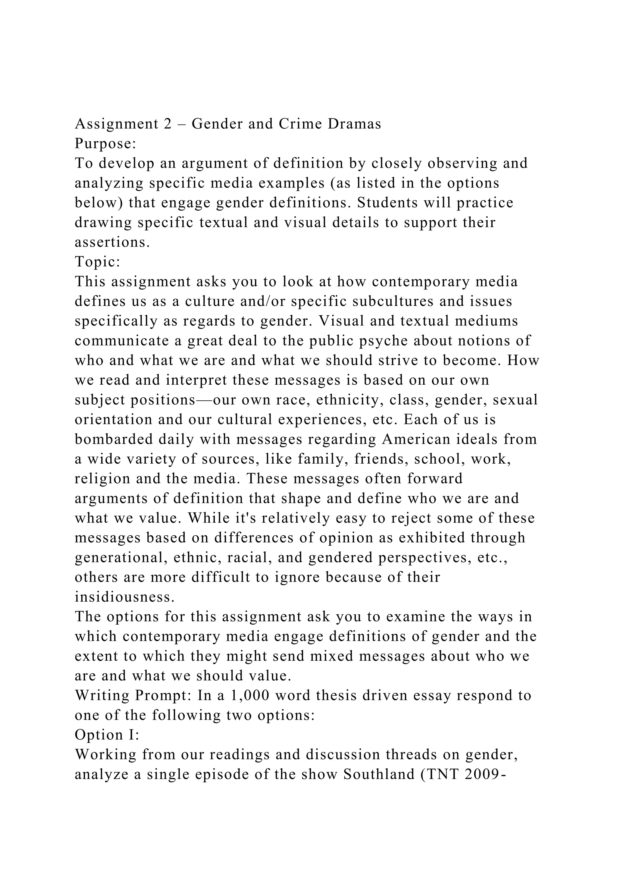 Assignment 2 – Gender and Crime DramasPurposeTo develop an ar.docx | Free Download