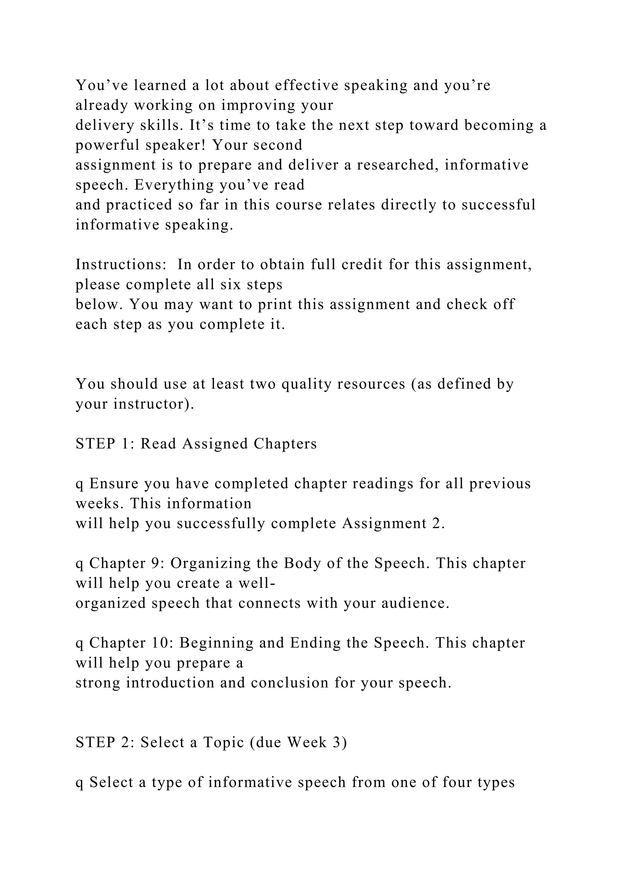 Assignment 2 Informative Speech Five items worth 191 points.docx