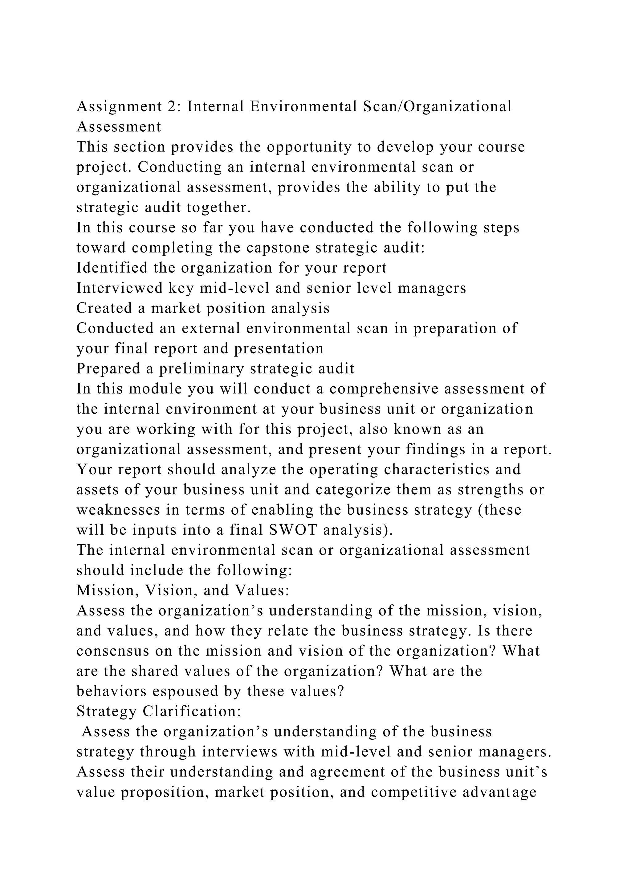 Assignment 2 Internal Environmental Scanorganizational Assessment Docx