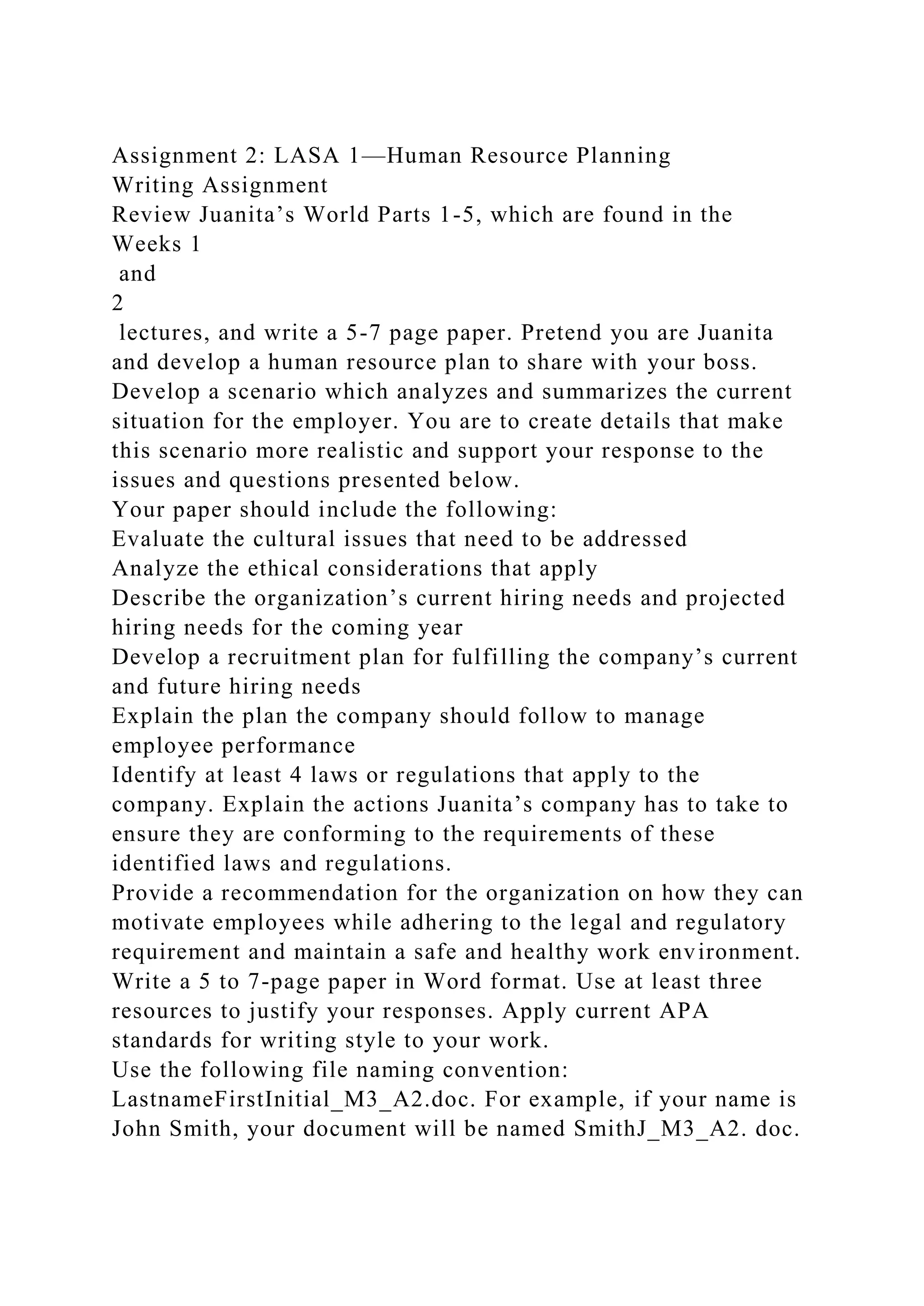 Assignment 2 LASA 1—Human Resource Planning Writing Assignment .docx