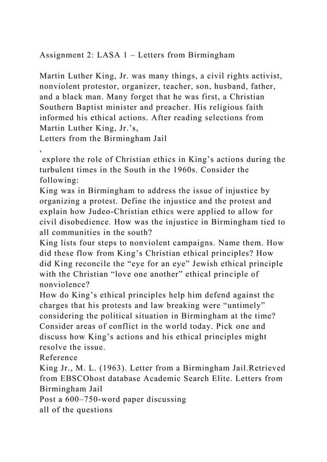 Assignment 2 LASA 1 – Letters from Birmingham Martin Luther Kin.docx