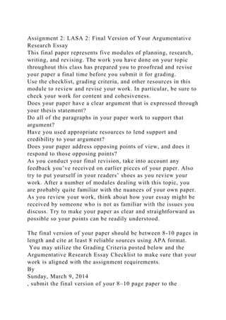 Assignment 2 LASA 2 Final Version of Your Argumentative Research E.docx