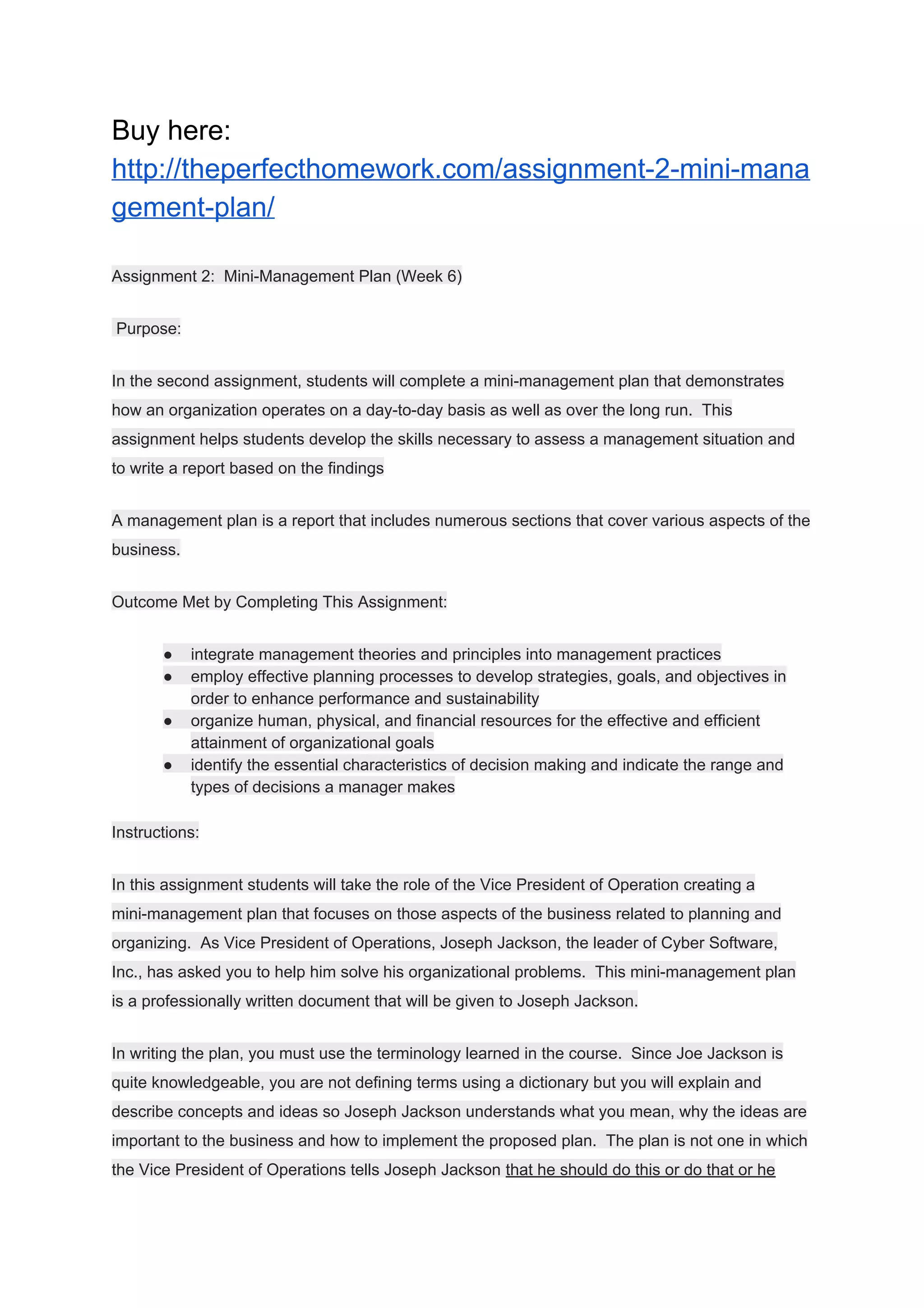 ASSIGNMENT 2: MINI-MANAGEMENT PLAN | PDF