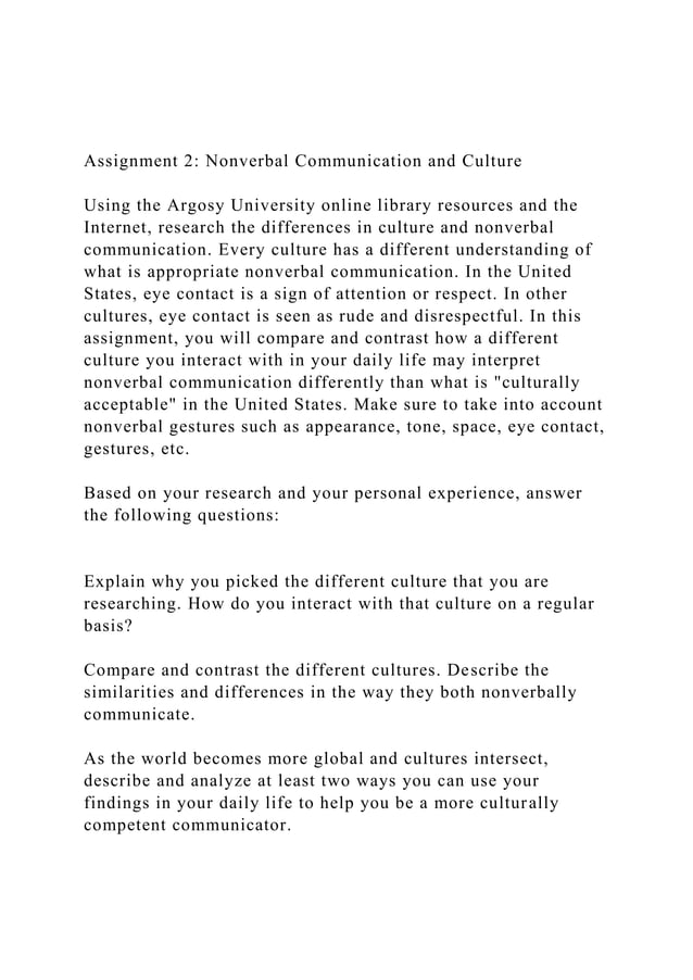 Assignment 2 Nonverbal Communication and CultureUsing the A.docx