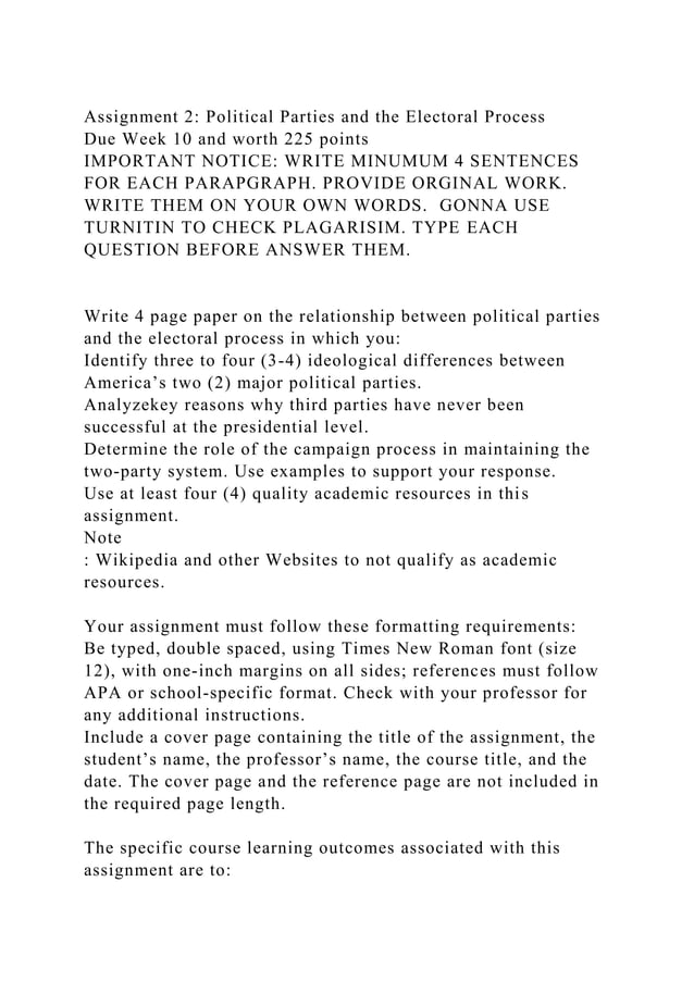 Assignment 2 Political Parties and the Electoral ProcessDue Week .docx