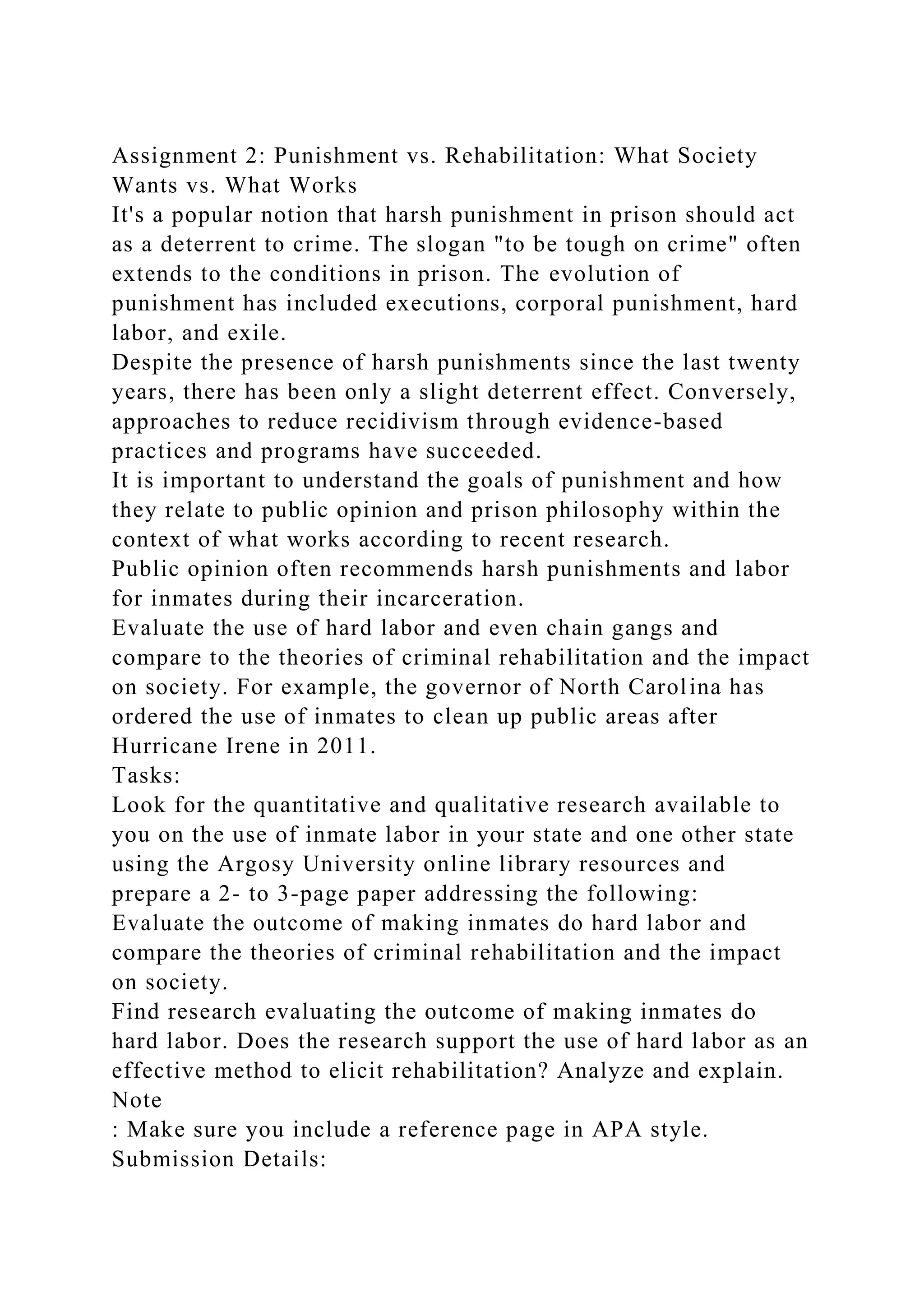 Assignment 2 Punishment vs. Rehabilitation What Society Wants vs. .docx | Crime