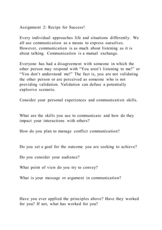 Assignment 2 Recipe for Success!Every individual approaches lif | PDF