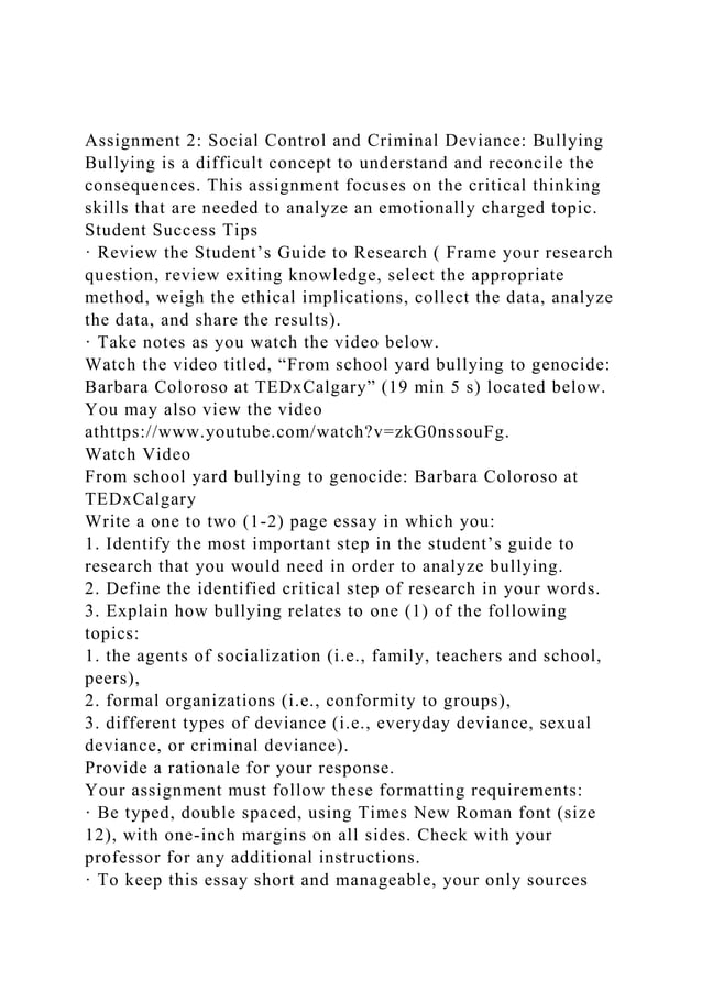 Assignment 2 Social Control And Criminal Deviance Bullyingbulldocx