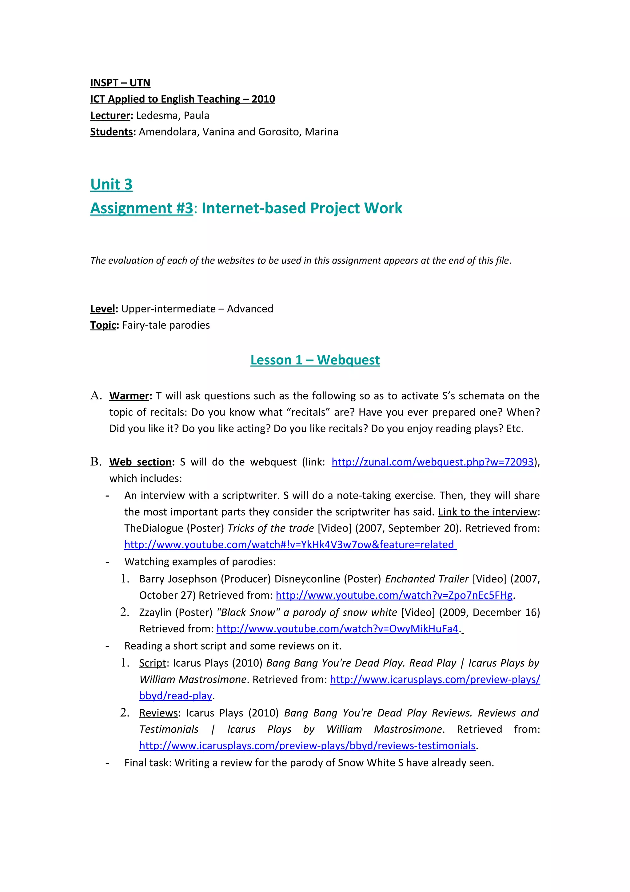 Assignment #3 amendolara & gorosito | DOC | Screenwriting | Content Production