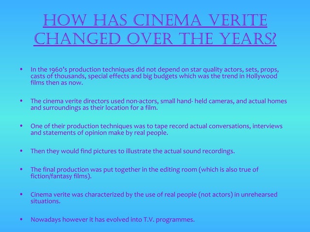 Assignment 3 cinema verite | PPT | Documentary | Genres