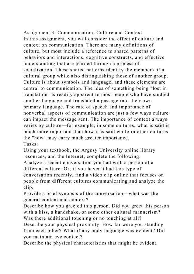 Assignment 3 Communication Culture and ContextIn this assignment.docx