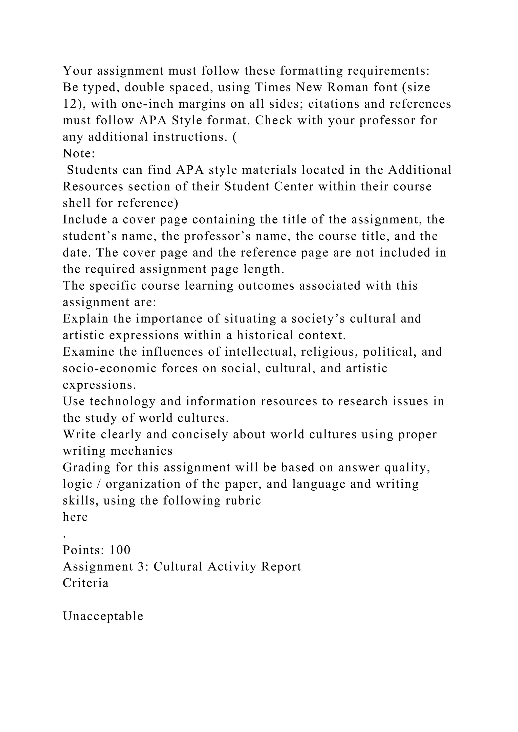 Assignment 3 Cultural Activity Report Due Week 10 and worth 100 p.docx