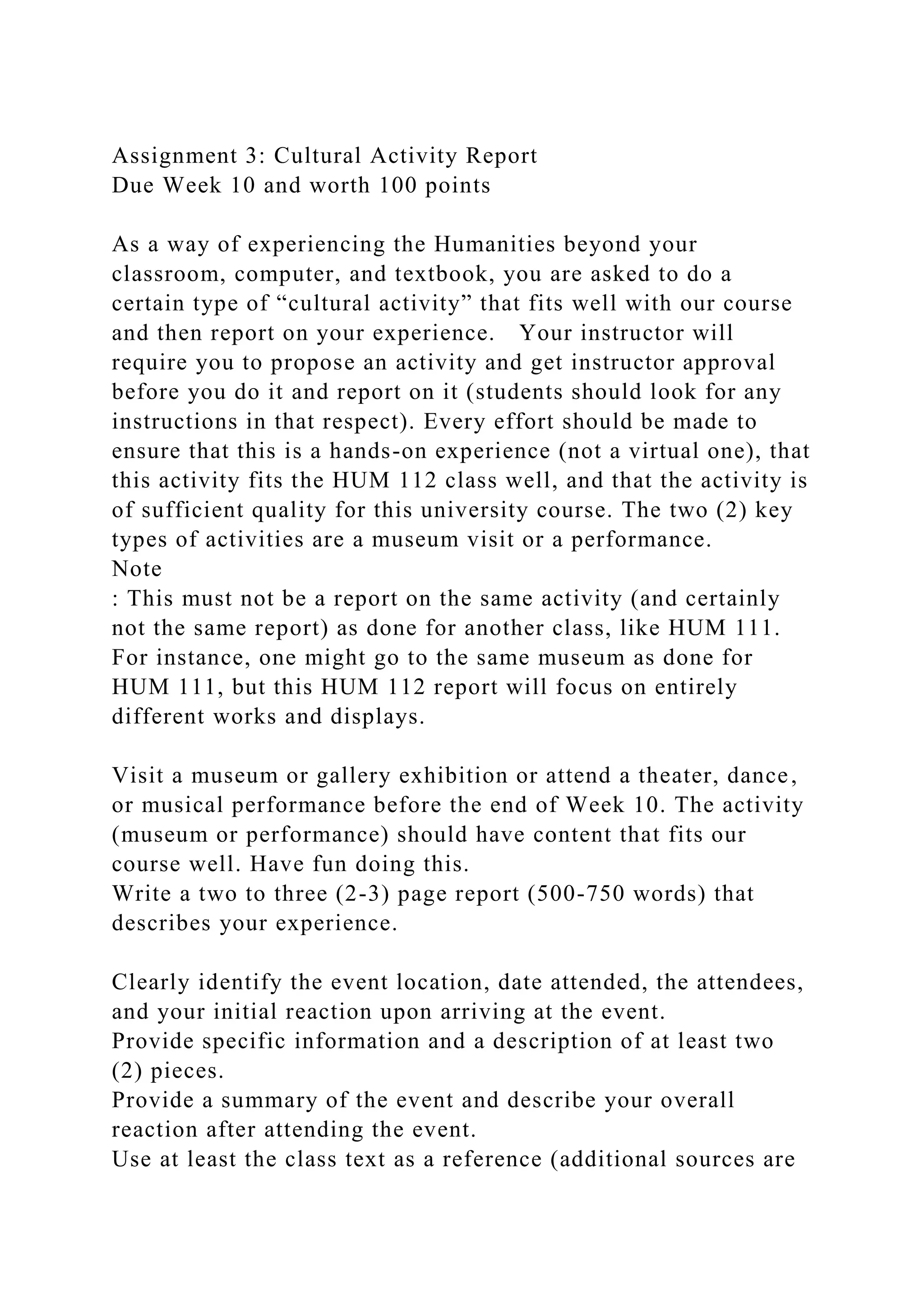 Assignment 3 Cultural Activity ReportDue Week 10 and worth 100 po.docx