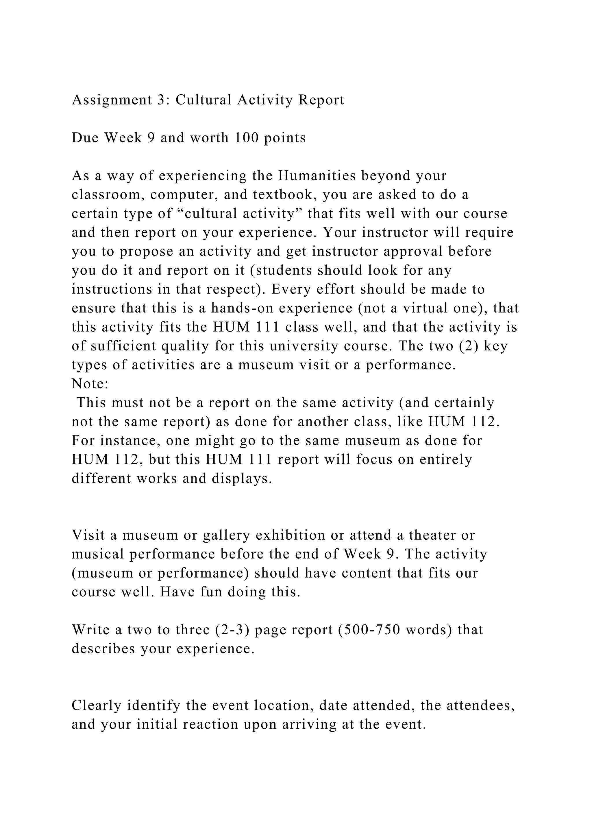 Assignment 3 Cultural Activity ReportDue Week 9 and worth 100 p.docx