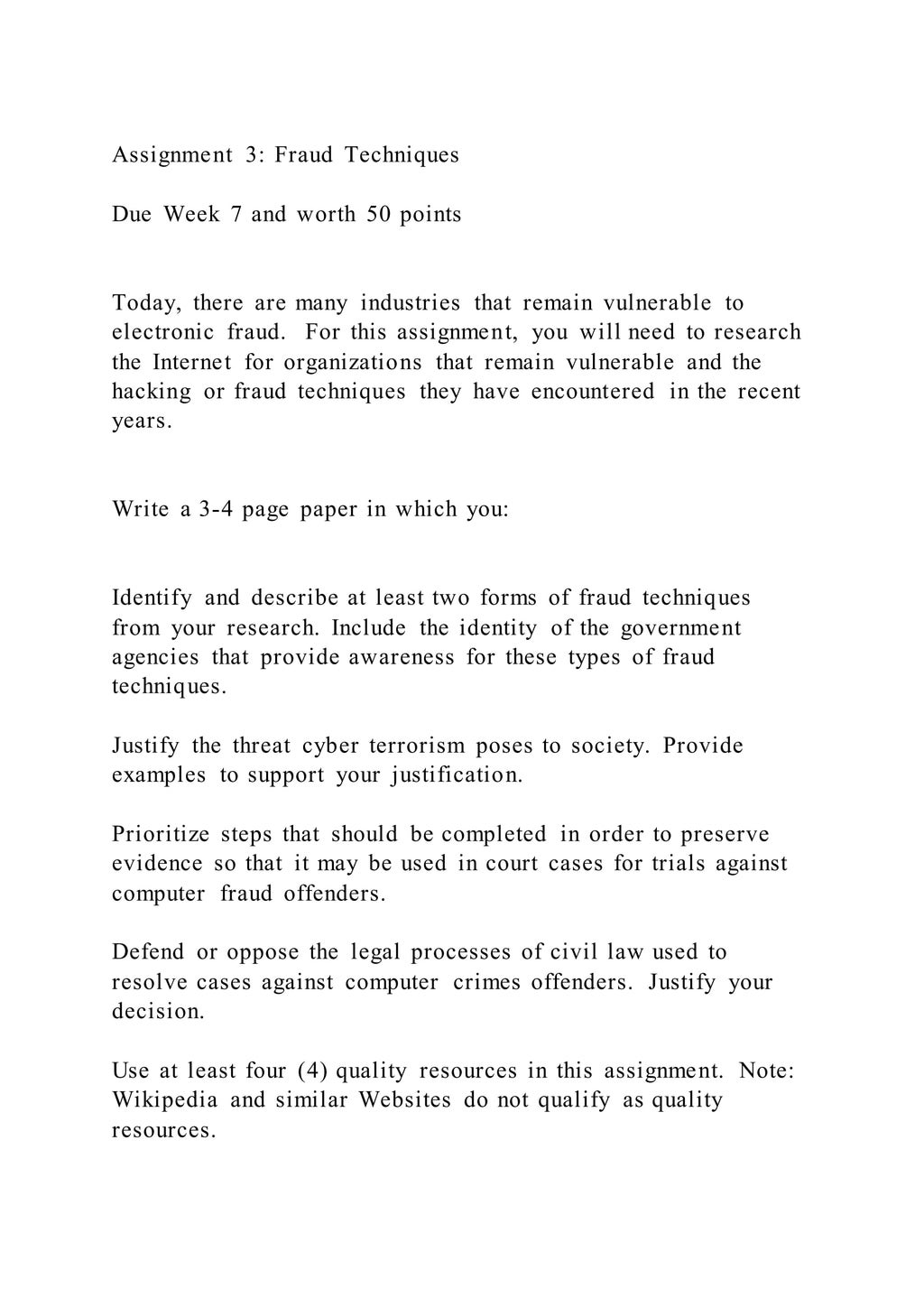Assignment 3 Fraud TechniquesDue Week 7 and worth 50 points | DOCX