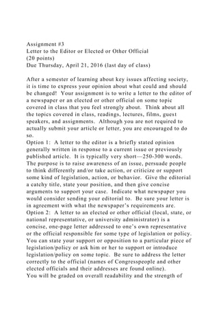 Assignment #3 Letter to the Editor or Elected or Other Official.docx
