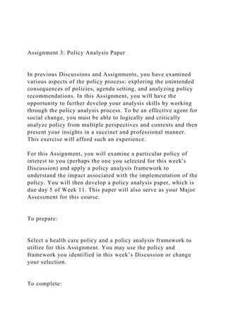 Assignment 3 Policy Analysis Paper In previous Discussion.docx | Health ...