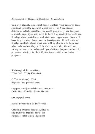 Assignment 3 Research Questions & VariablesYou will identify | PDF