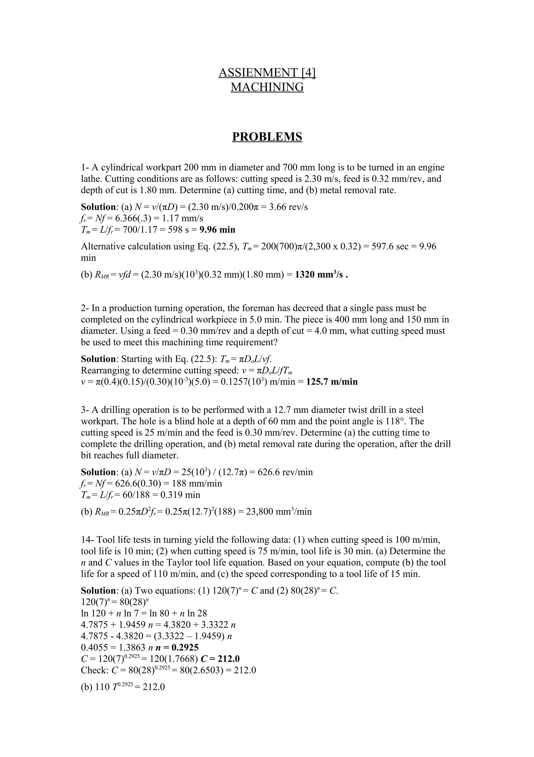 Assignment [4] machining with solutions | DOC
