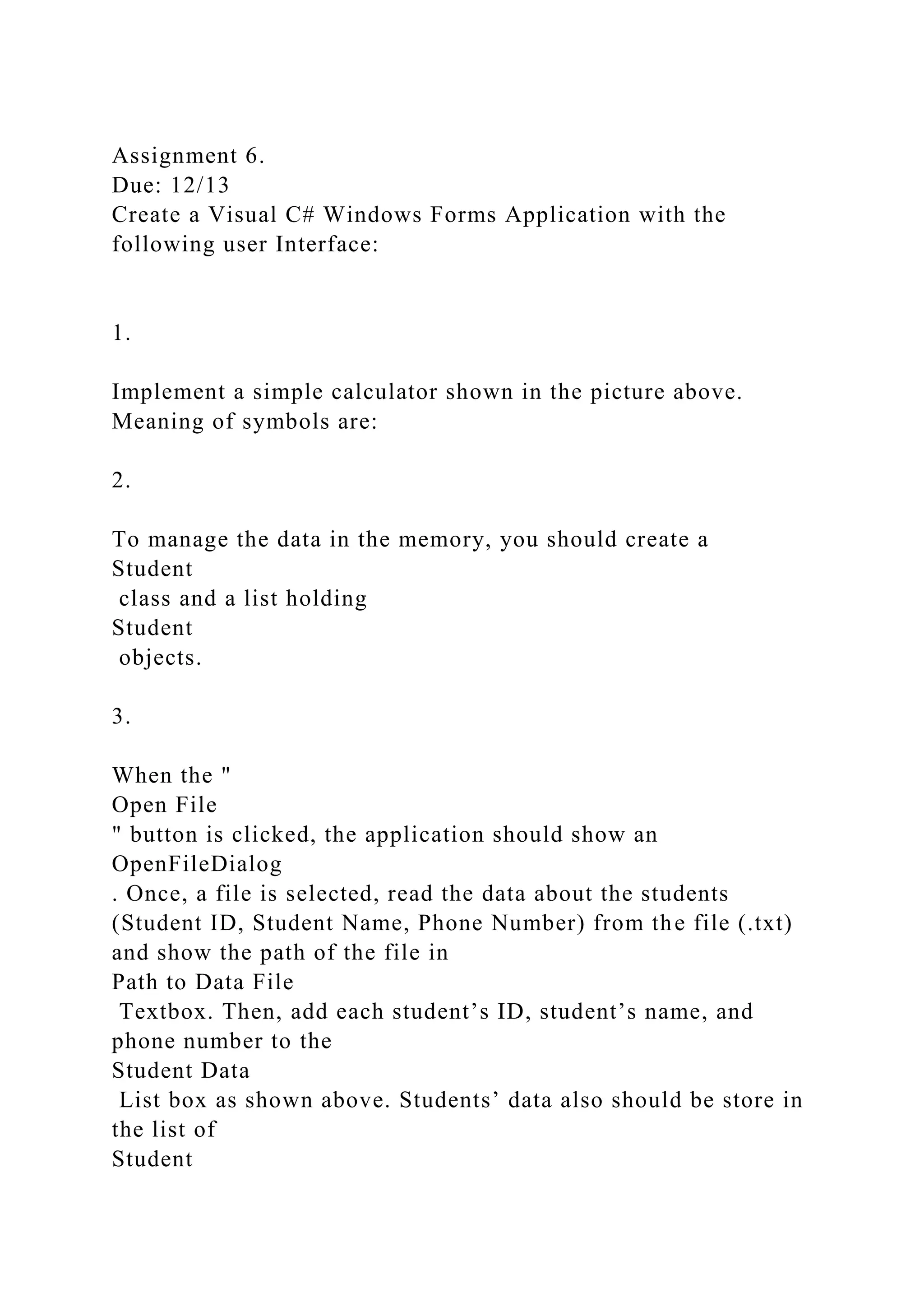 Assignment 6 Due 1213create A Visual C Windows Forms Applicadocx