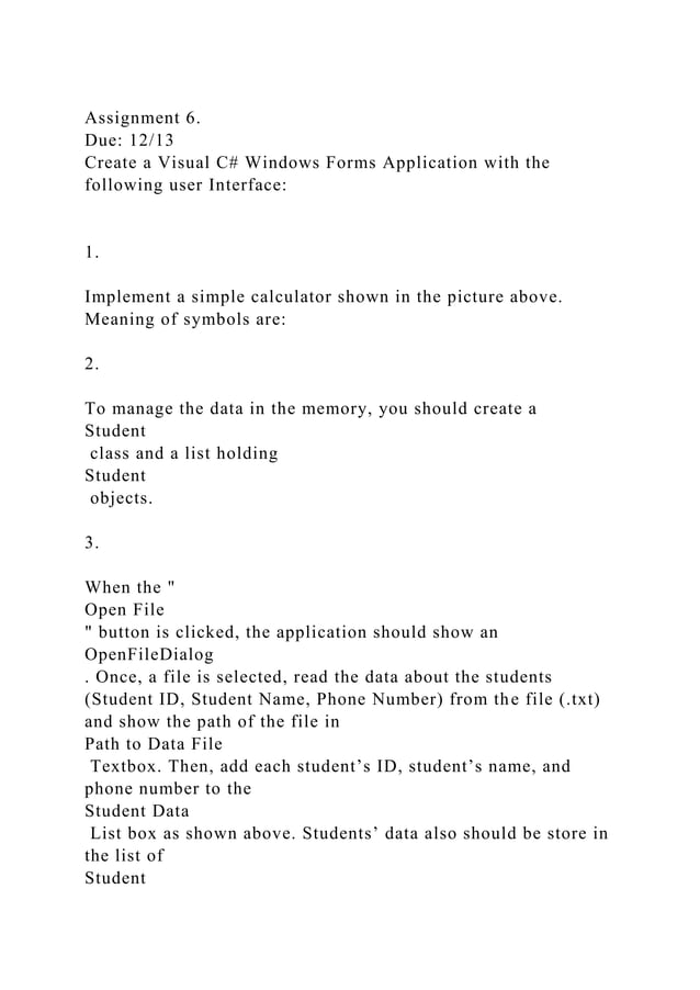 Assignment 6 Due 1213create A Visual C Windows Forms Applicadocx