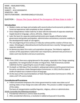 Discuss The Causes Behind The Emergence Of New State In India | DOCX