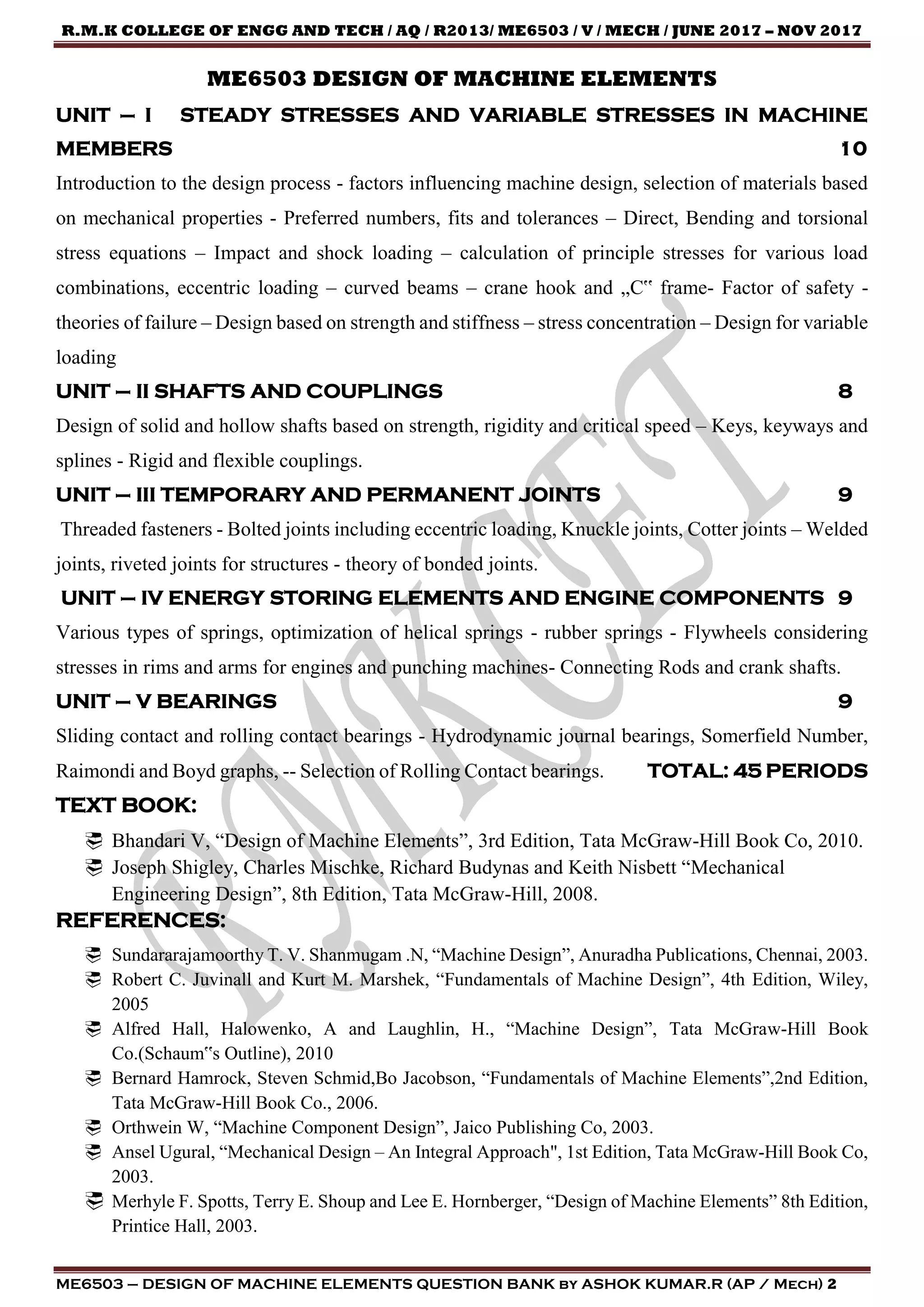 DESIGN OF MACHINE ELEMENTS QUESTION BANK | PDF