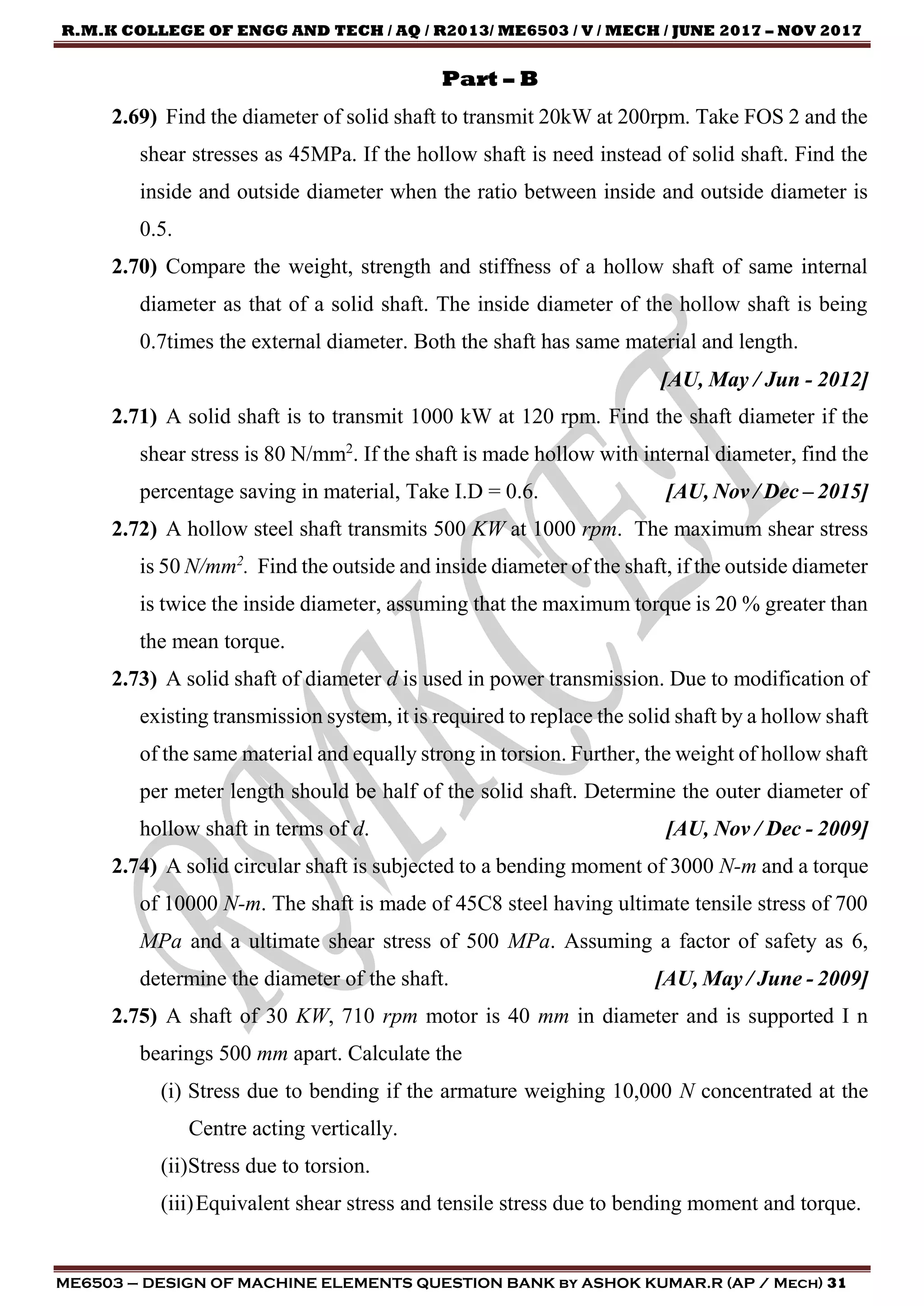 DESIGN OF MACHINE ELEMENTS QUESTION BANK | PDF